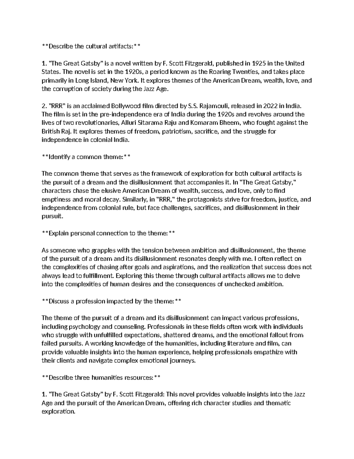 Hum-200-4-4 Project Part One- Rough Draft - Describe the cultural artifacts: "The Great - Studocu