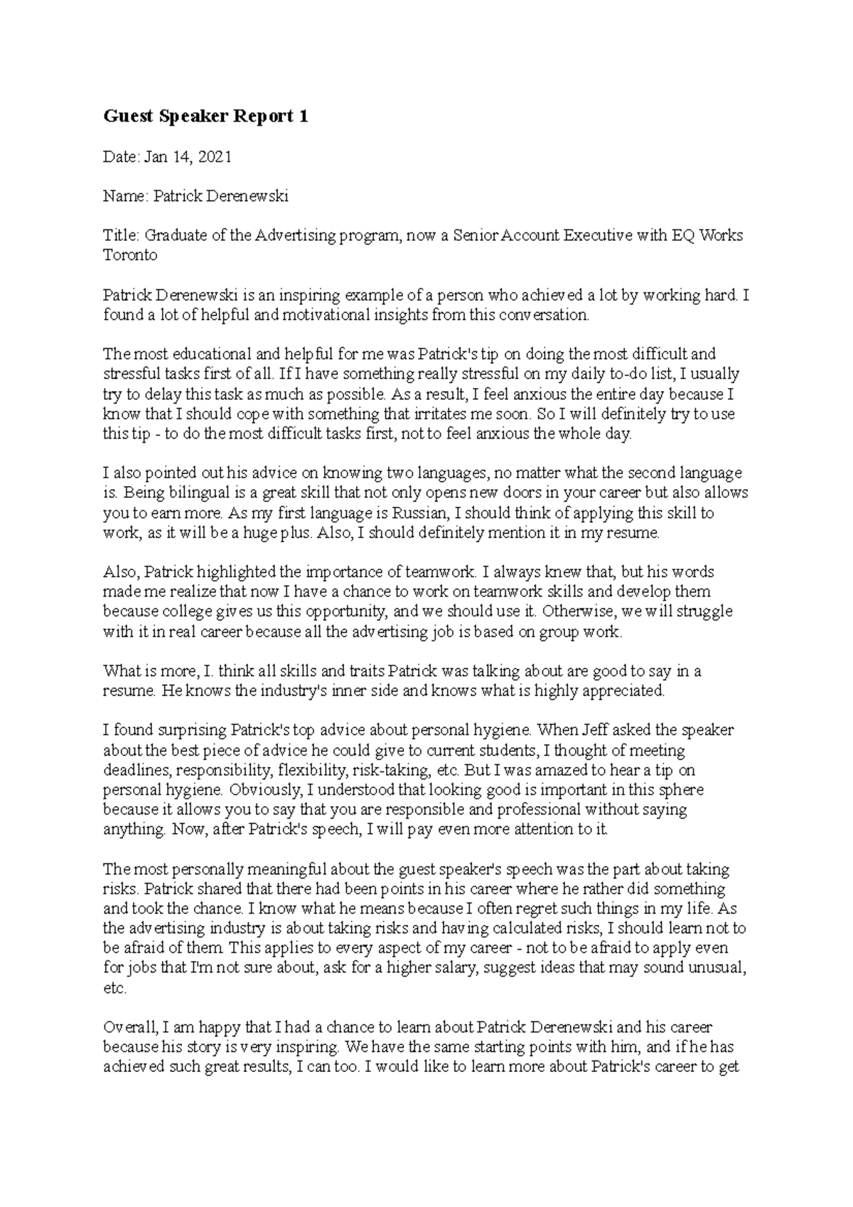 Campaigns and Prof Practices Guest Speaker Reports - Guest Speaker ...