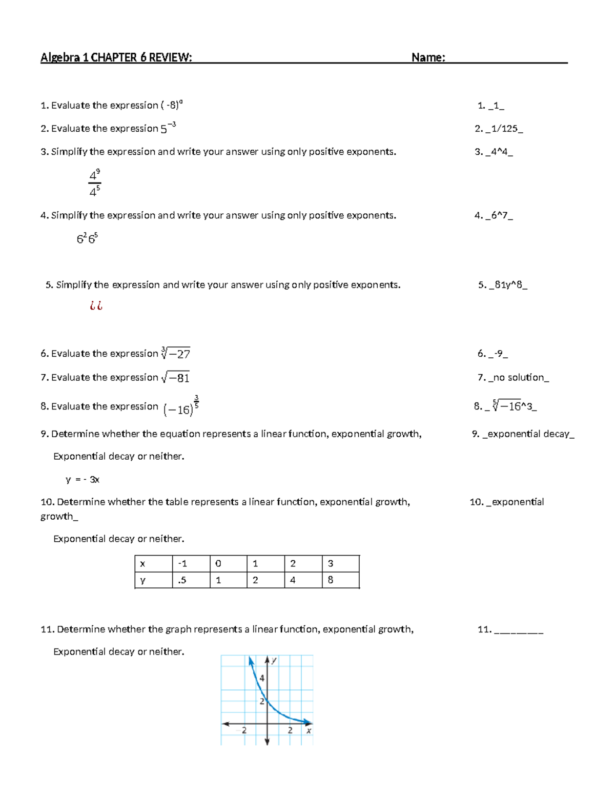 Algebra 1 Chapter 6 Review for Finals - Algebra 1 CHAPTER 6 REVIEW ...