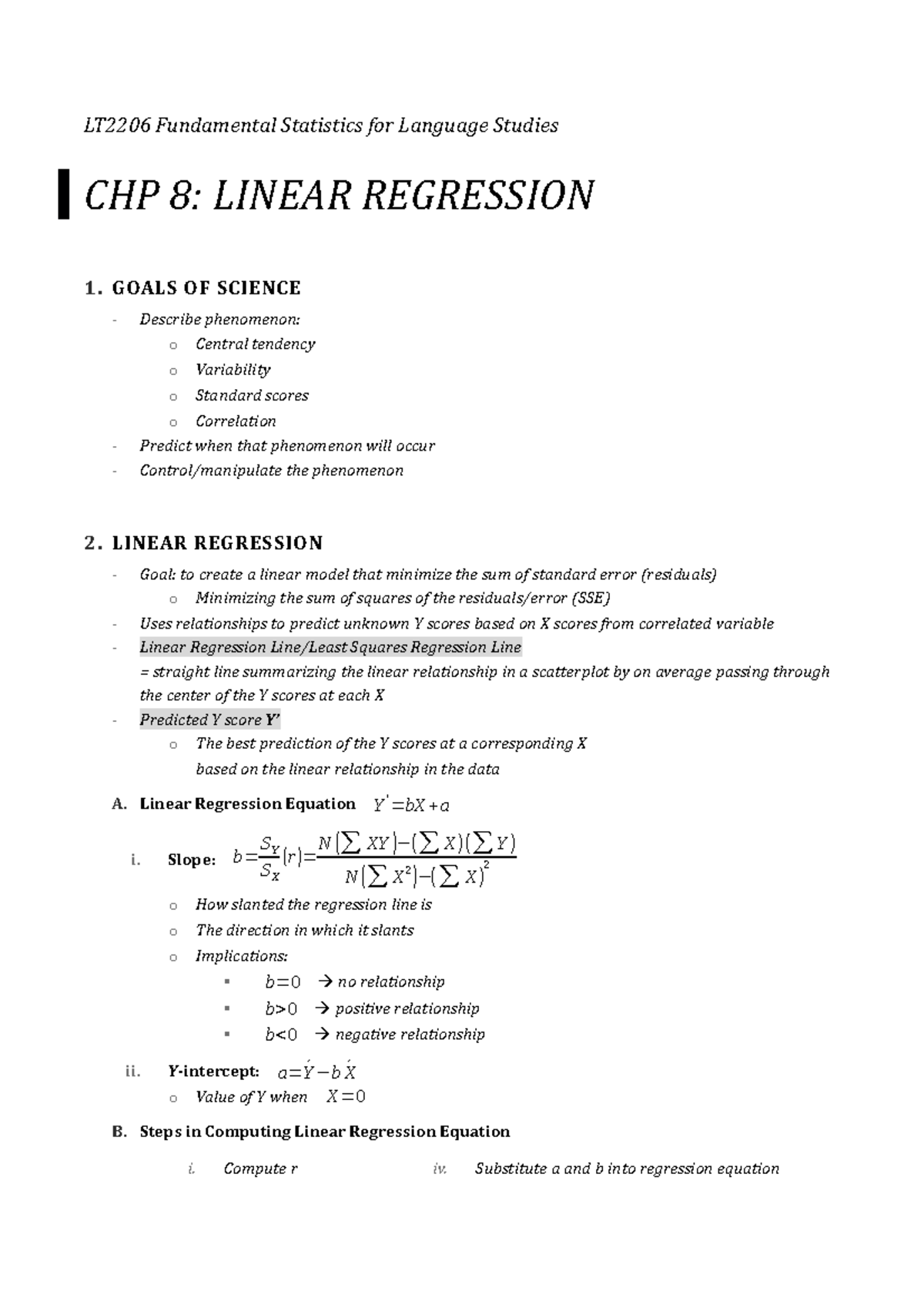 LT2206 Chp8 - Summary of Chapter 8 linear regression - LT2206 Fundamental Statistics for ...