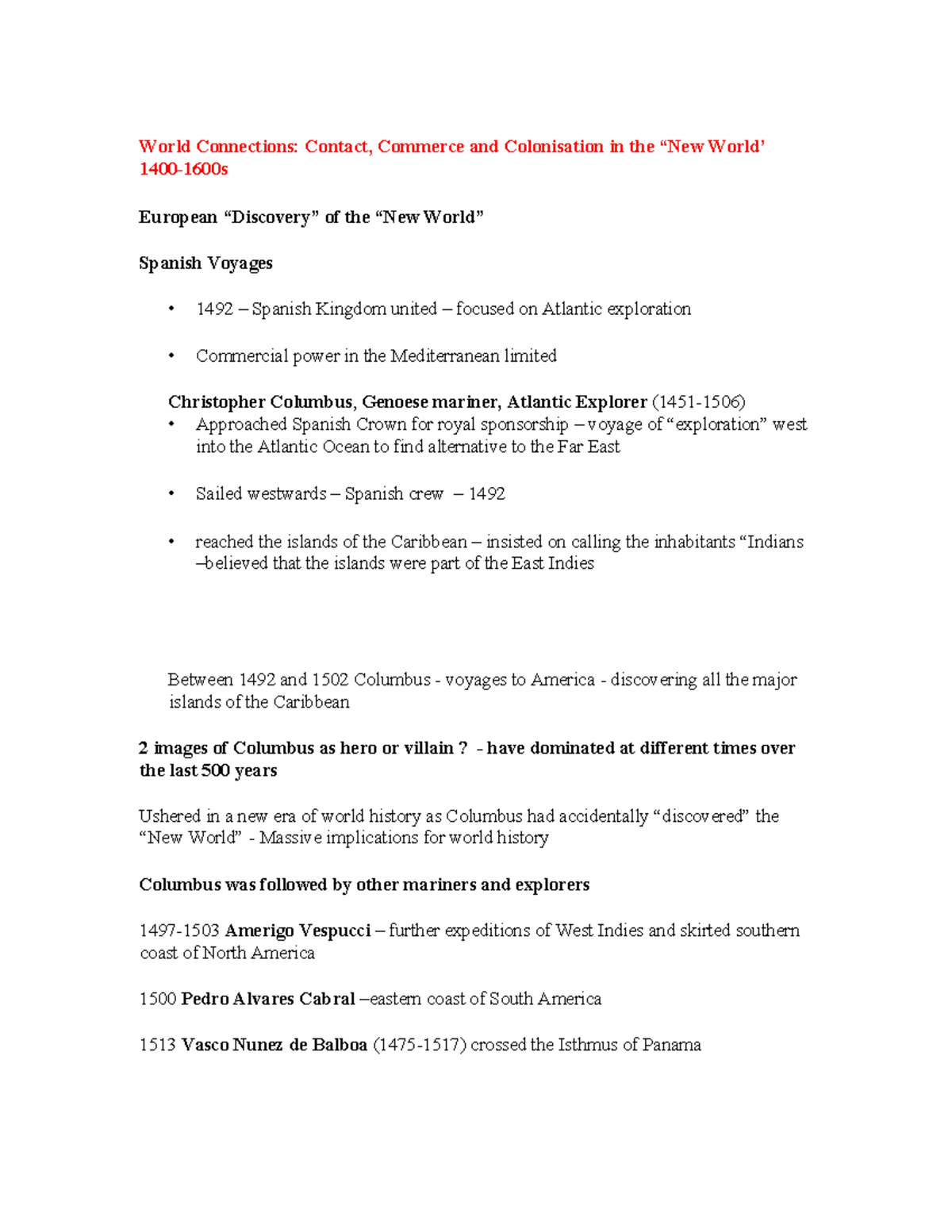 Lectures Notes Spanish Colonisation and Columbian Exchange - World ...