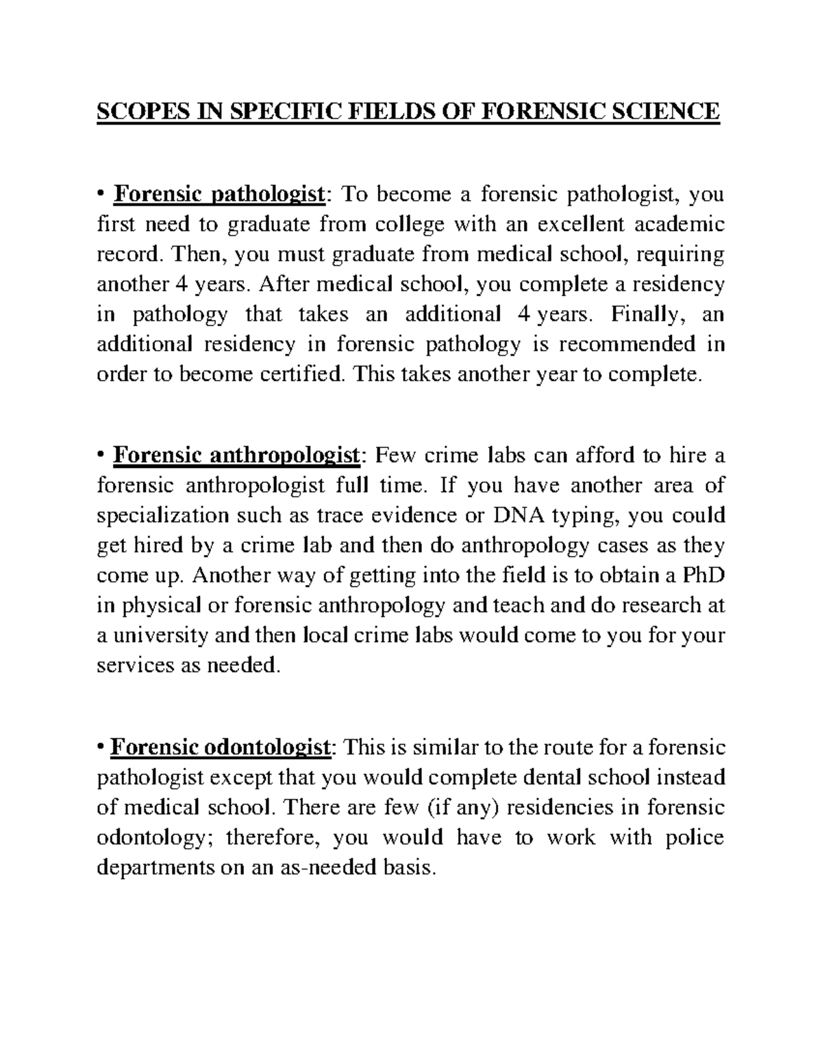Scope in different branches of forensic science - SCOPES IN SPECIFIC ...