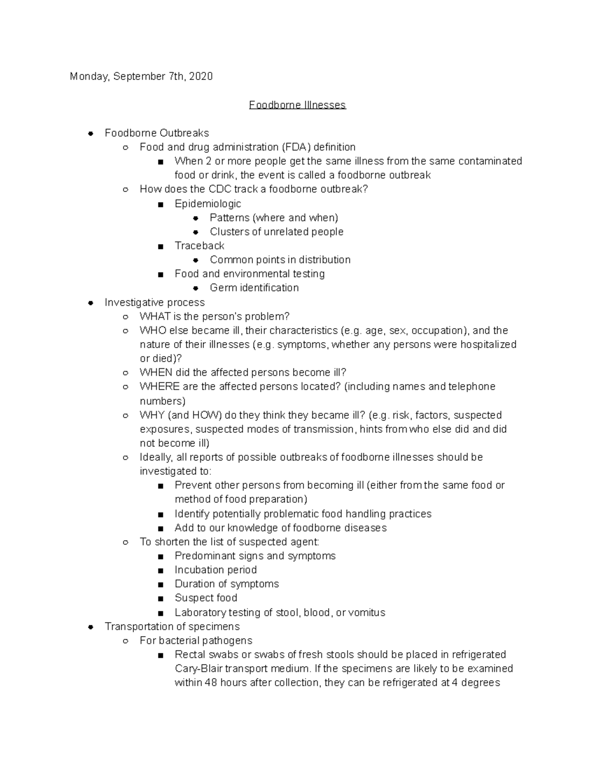 Class Notes Foodborne Illnesses - Monday, September 7th, 2020 Foodborne ...