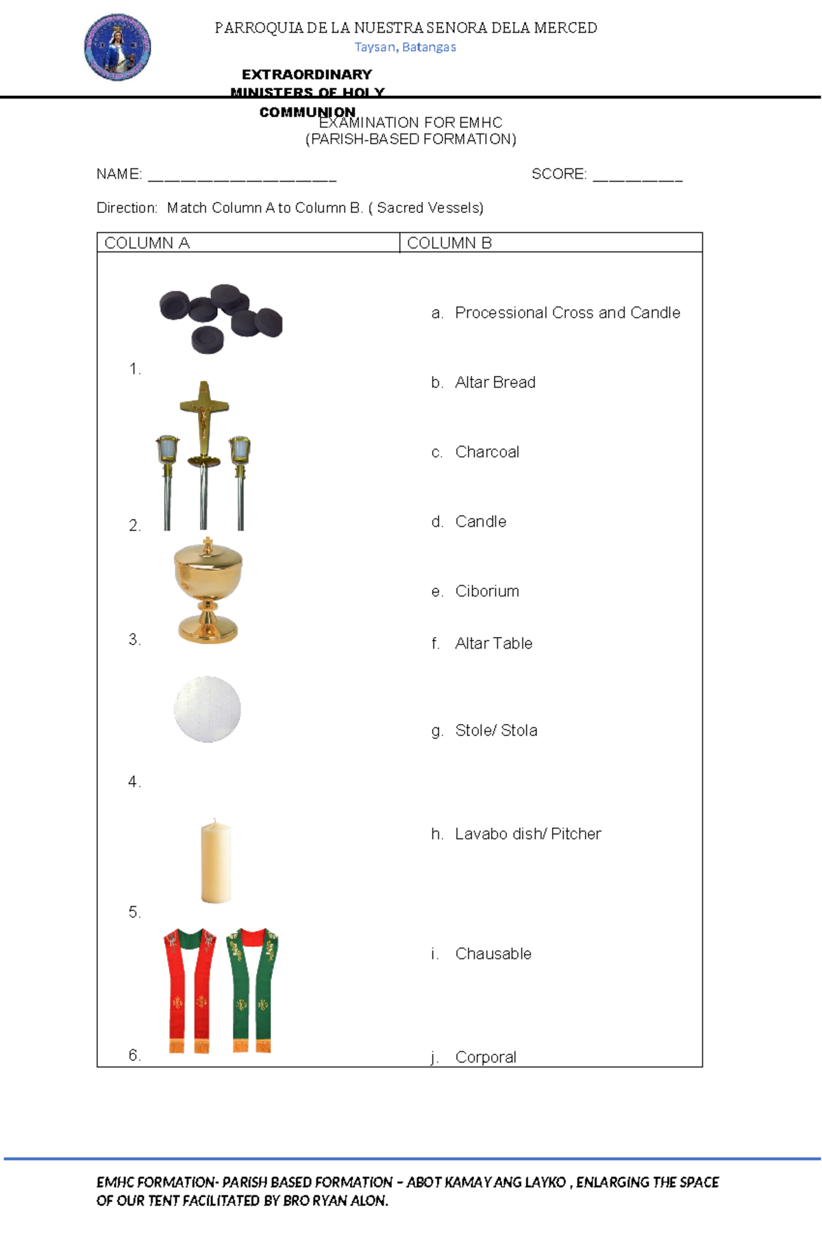 Examination FOR EMHC - EXTRAORDINARY MINISTERS OF HOLY COMMUNION Taysan ...