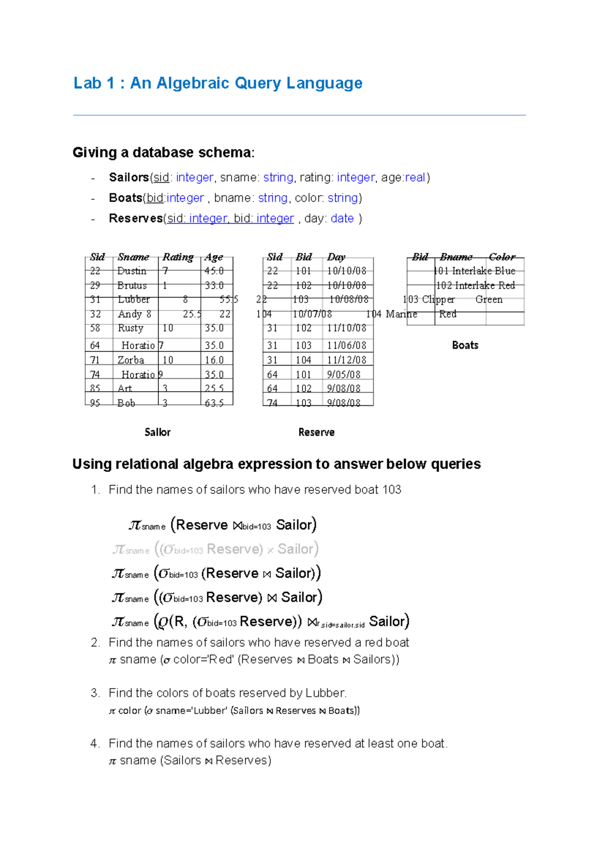 Introduction to Database System (DBI202) - Lab 1 : An Algebraic Query Language Giving a database ...