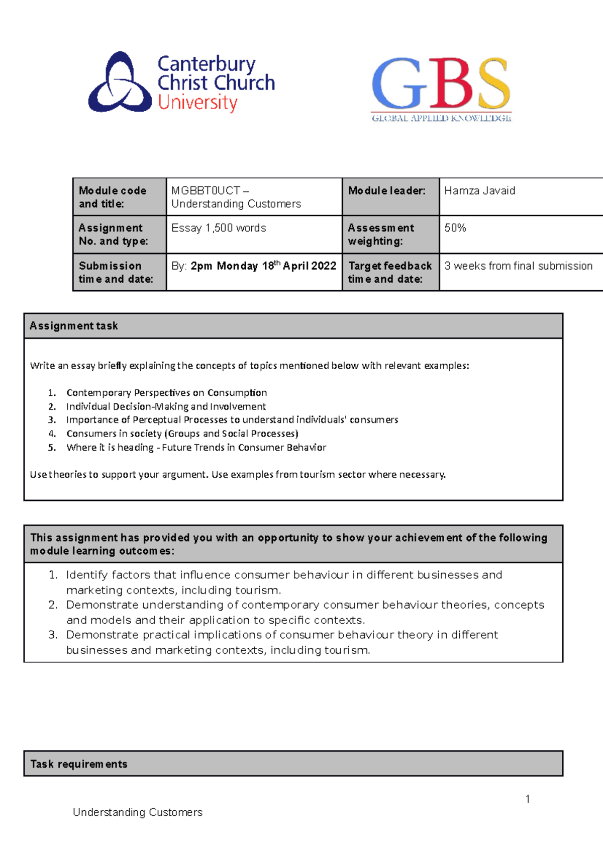 Essay - Assignment Brief - Module code and title: MGBBT0UCT ...