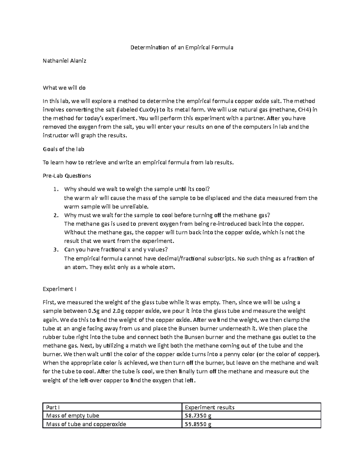 Determination of an Empirical Formula - Determination of an Empirical ...
