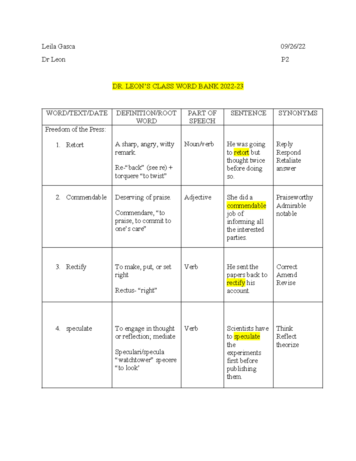 Word Bank Assignment - just words - Leila Gasca 09/26/ Dr Leon P DR ...