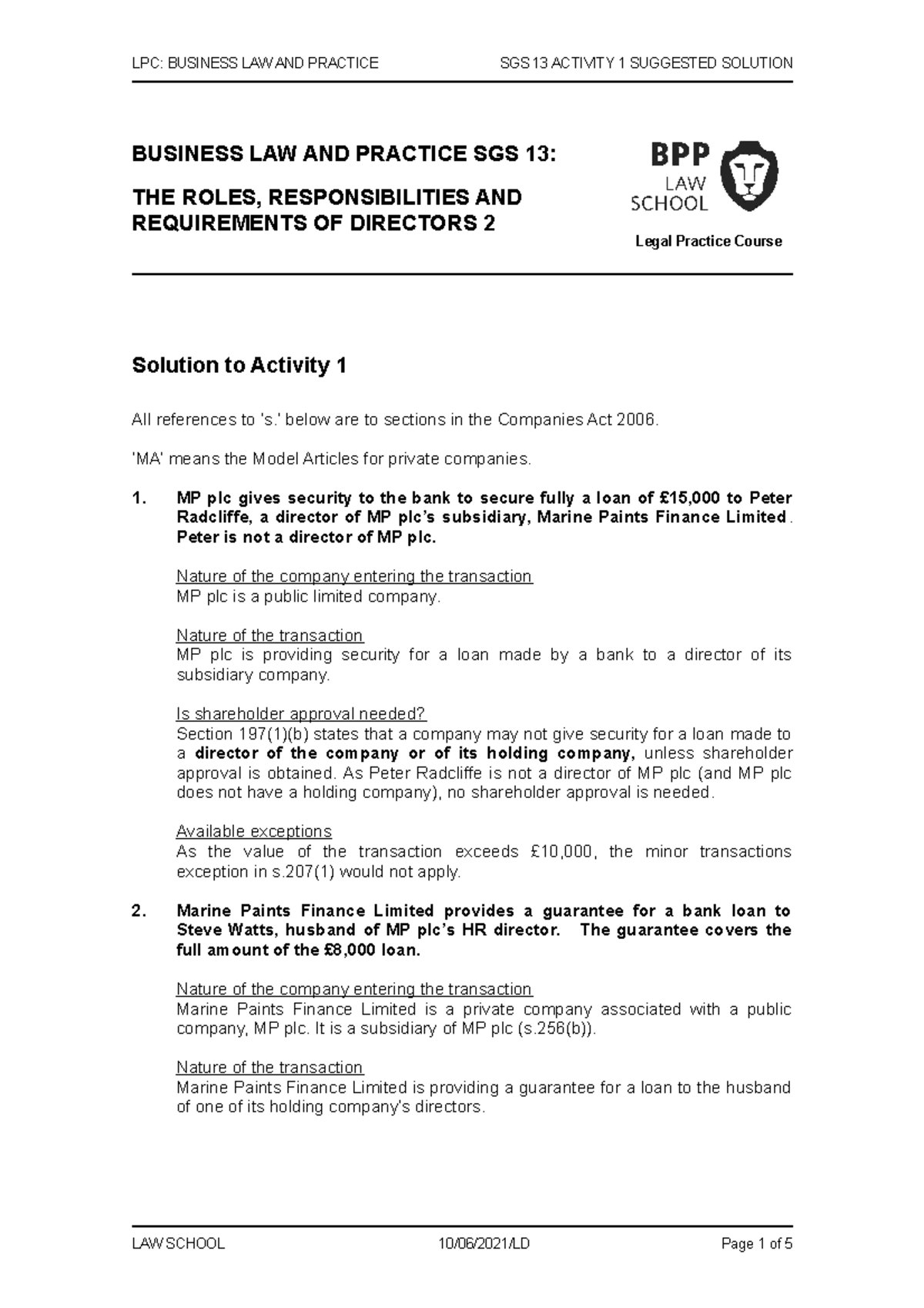 BLP SGS 13 Activity 1 Solution - LPC: BUSINESS LAW AND PRACTICE SGS 13 ...