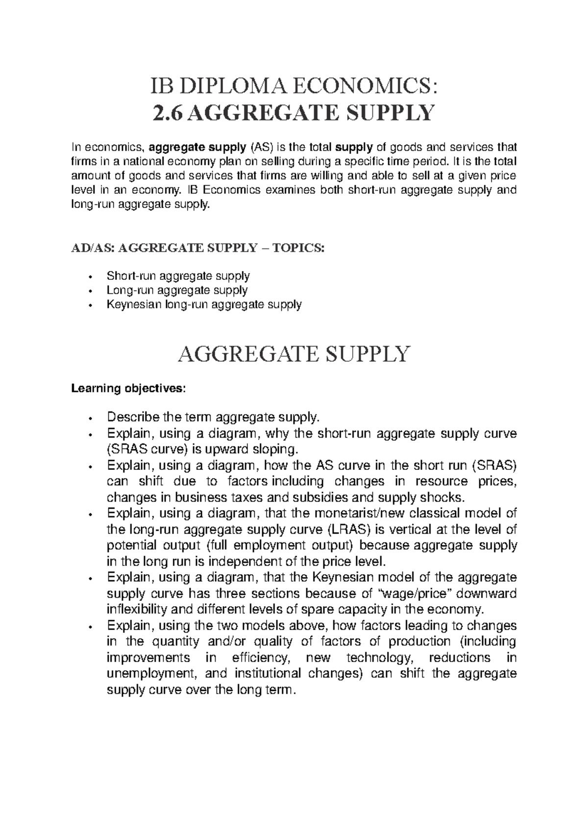 Aggregate Supply - Lecture notes 4 - IB DIPLOMA ECONOMICS: 2 AGGREGATE ...