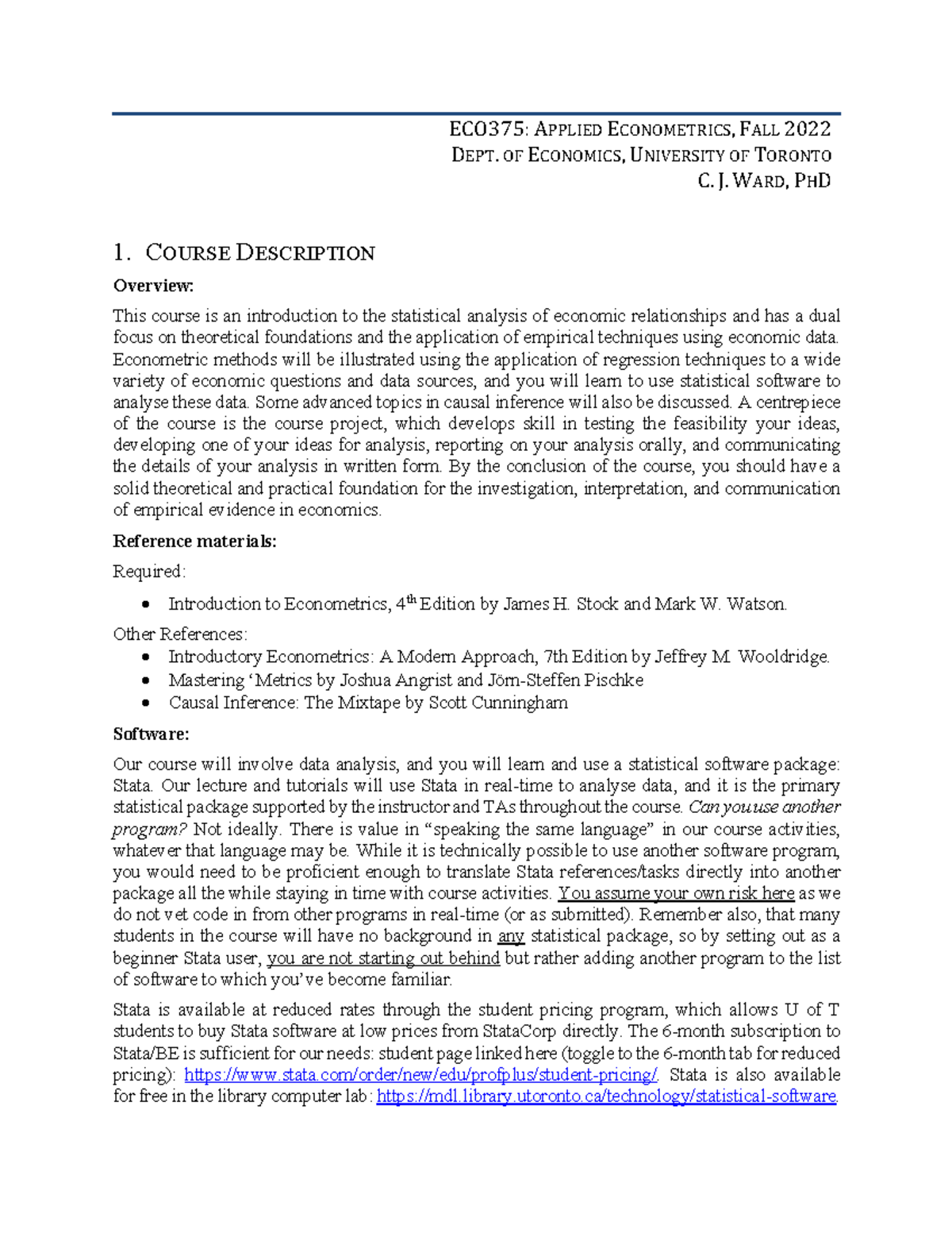 22 09Syllabus Eco 375 - Syllabus - ECO375: APPLIED ECONOMETRICS, FALL ...