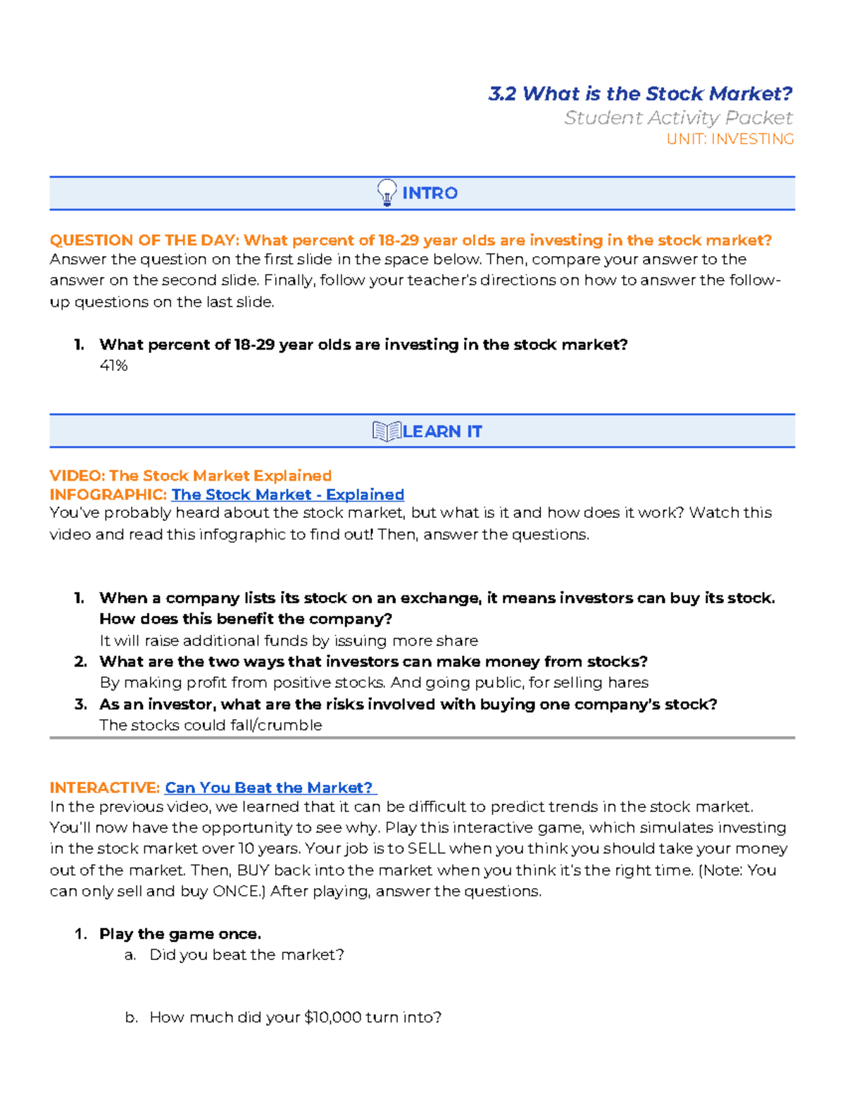 Copy of 3.2 Student Packet - 3 What is the Stock Market? Student ...