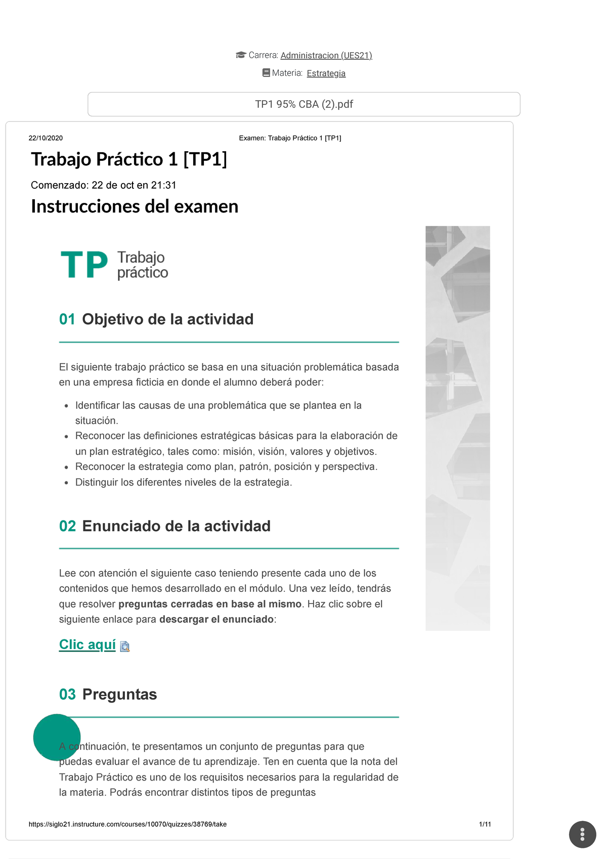 Trabajo Practico 1 - 95% - Estrategia - Carrera: Administracion (UES21 ...