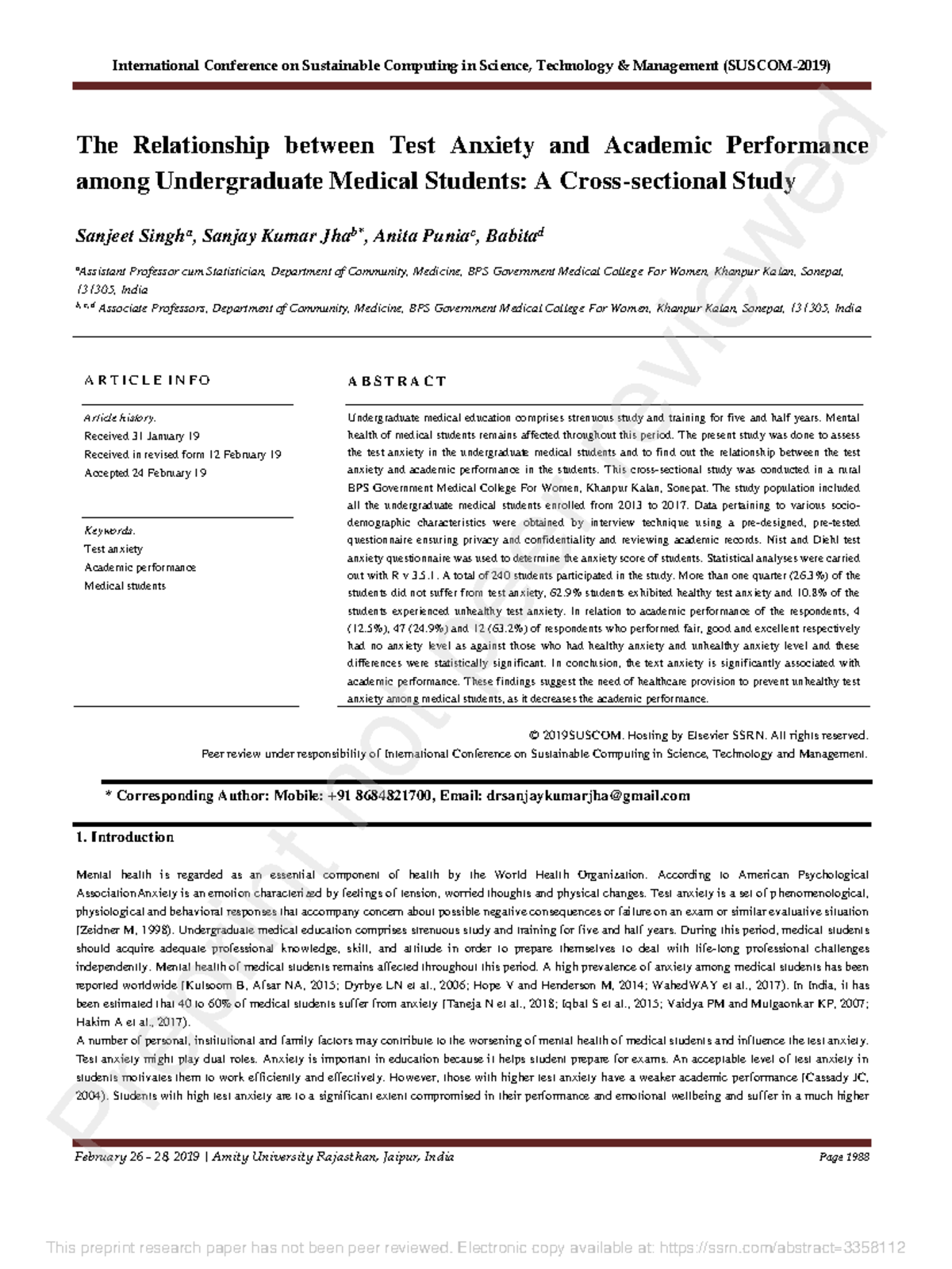 Ssrn-3358112 - sample rrl - February 26 - 28, 2019 | Amity University ...