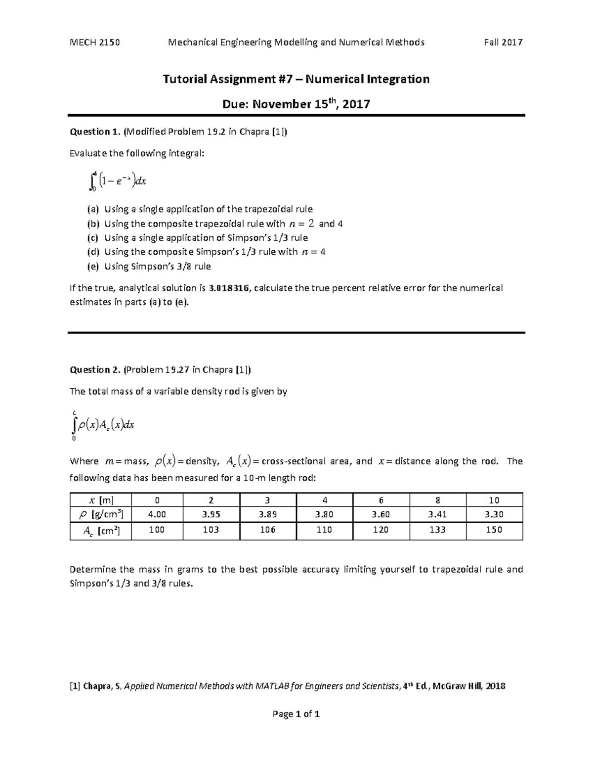 Tutorial Assignment 7 - MECH 2150 Mechanical Engineering Modelling and Numerical Methods - Studocu