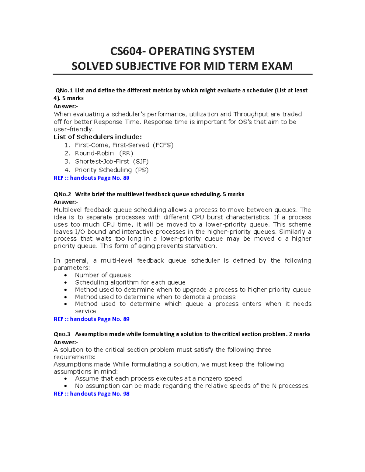 CS604- MID TERM Subjective WITH Reference Solved BY Umair Saulat - CS604- OPERATING SYSTEM ...