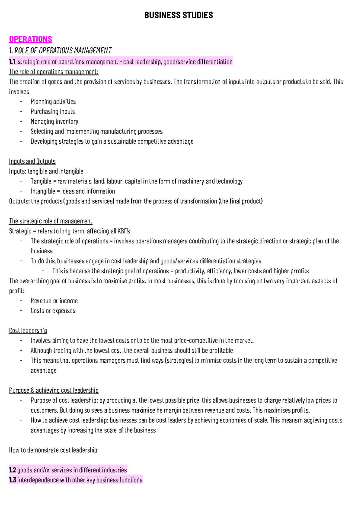 Business Studies - ........ - BUSINESS STUDIES OPERATIONS 1. ROLE OF ...