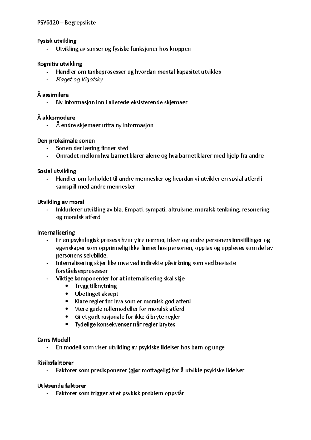 PSY6120 - Begrepsliste fra hele pensum - PSY1120 - Studocu