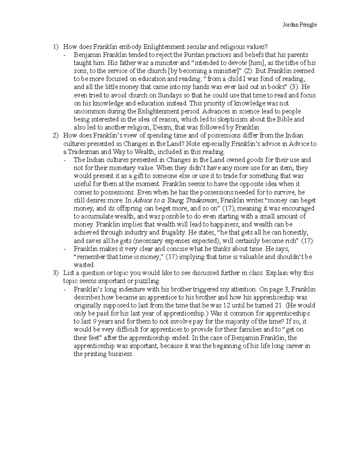 Franklin Questions - Weekly reading assignment Dr. Winship - Jordan ...