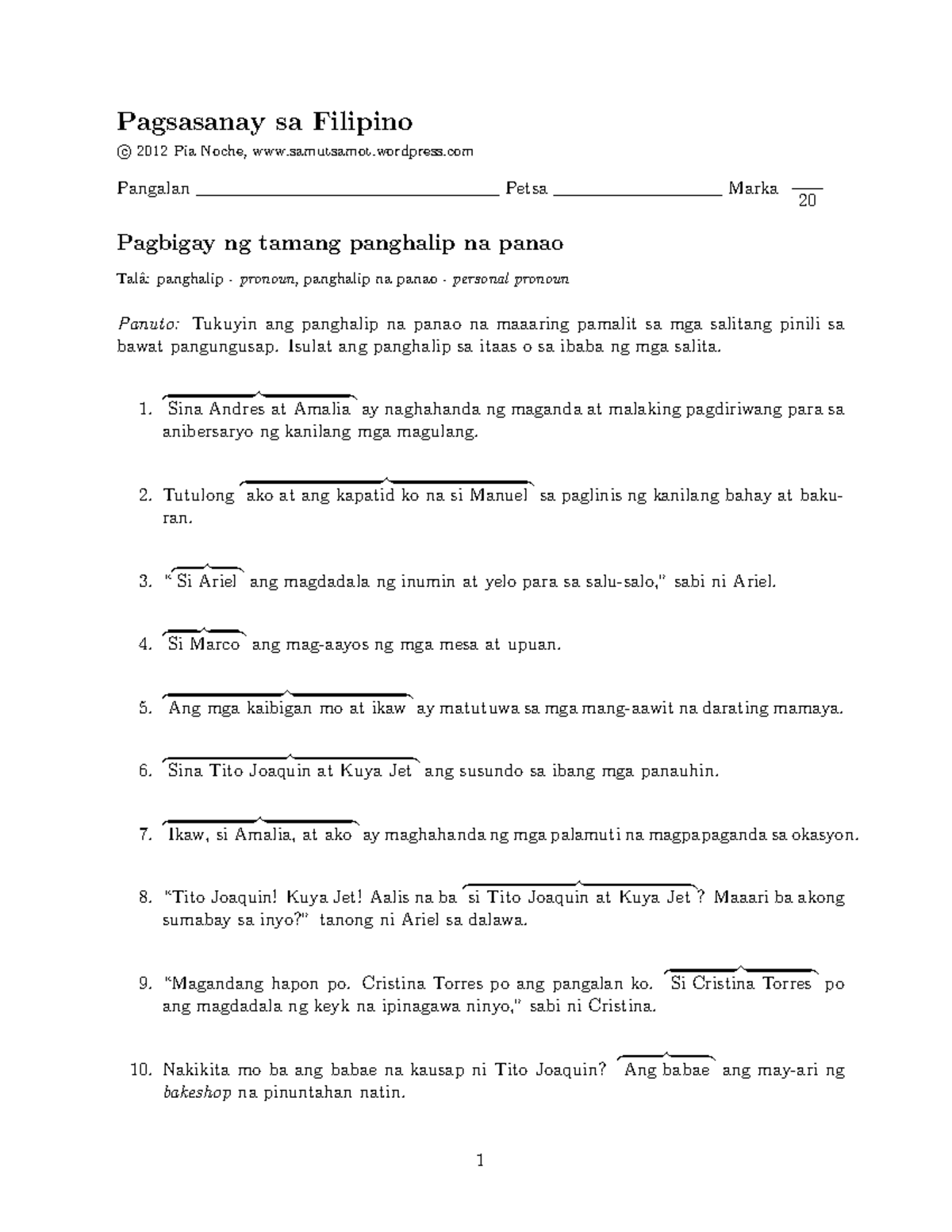 Panghalip-na-panao 2-1 - Pagsasanay sa Filipino © c 2012 Pia Noche ...