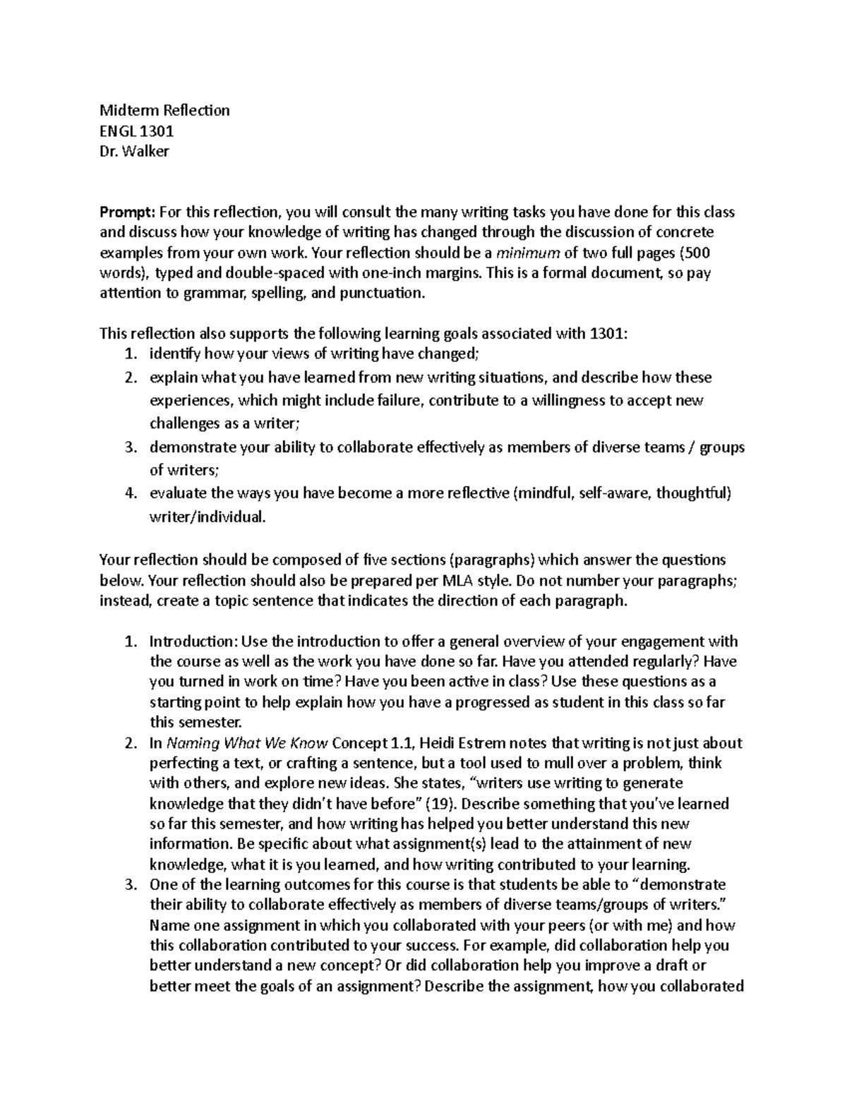 ENGL 1301 Midterm Reflection - Midterm Reflection ENGL 1301 Dr. Walker ...