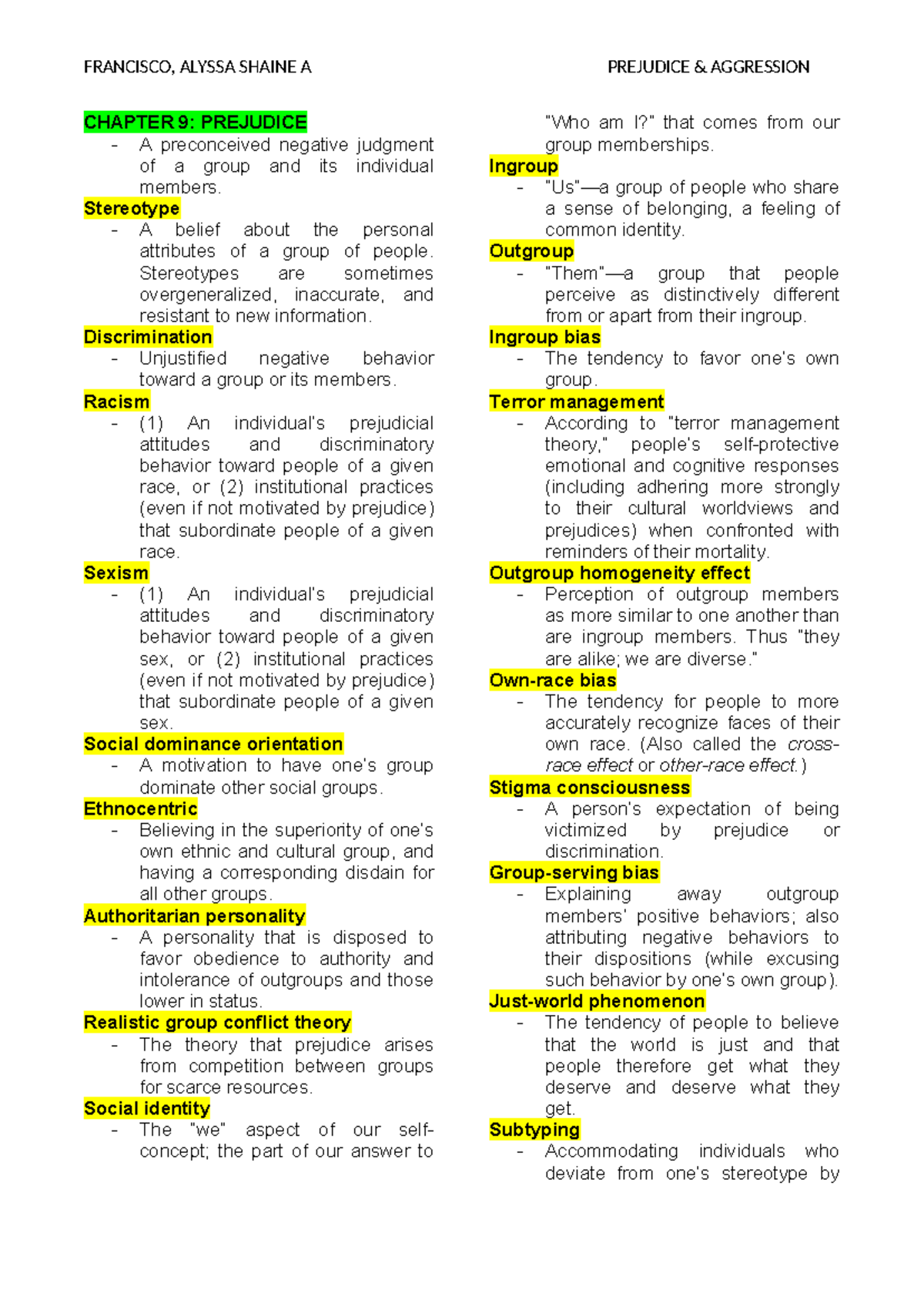 Chapter 9&10 - Socpsy - FRANCISCO, ALYSSA SHAINE A PREJUDICE ...