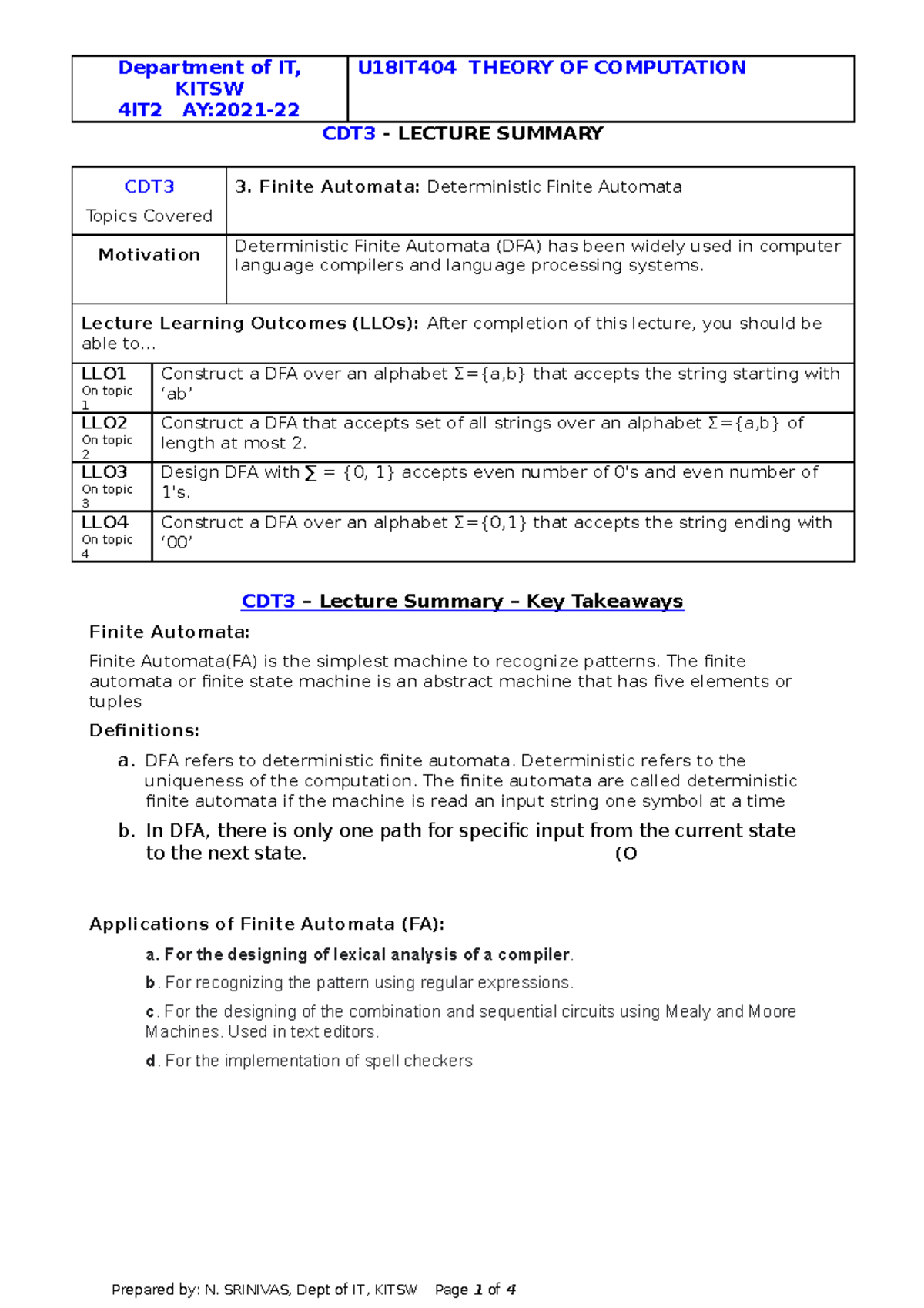 Toc Cdt5 Summary Deterministic Finite Automata Kitsw 4it2 Ay2021 Cdt3 Lecture Summary