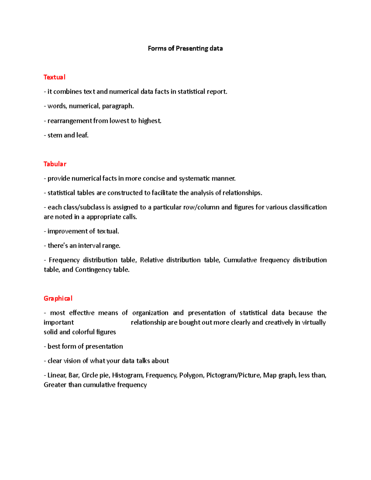Stats reviewer - bsa - Forms of Presenting data Textual it combines ...