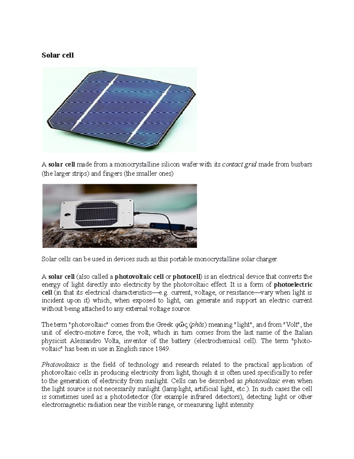 Physical electronics - Solar cell A solar cell made from a ...