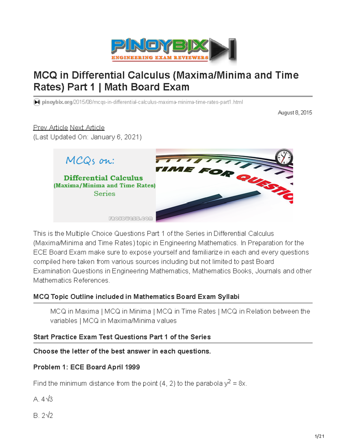 Differential Calculus Maxima Minima and Time Rates Part 1 Math Board ...