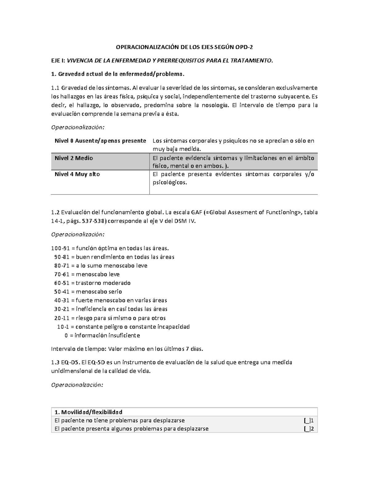 OPD-Resumen Operacionalizacion - OPERACIONALIZACIÓN DE LOS EJES SEGÚN OPD- EJE I: VIVENCIA DE LA ...