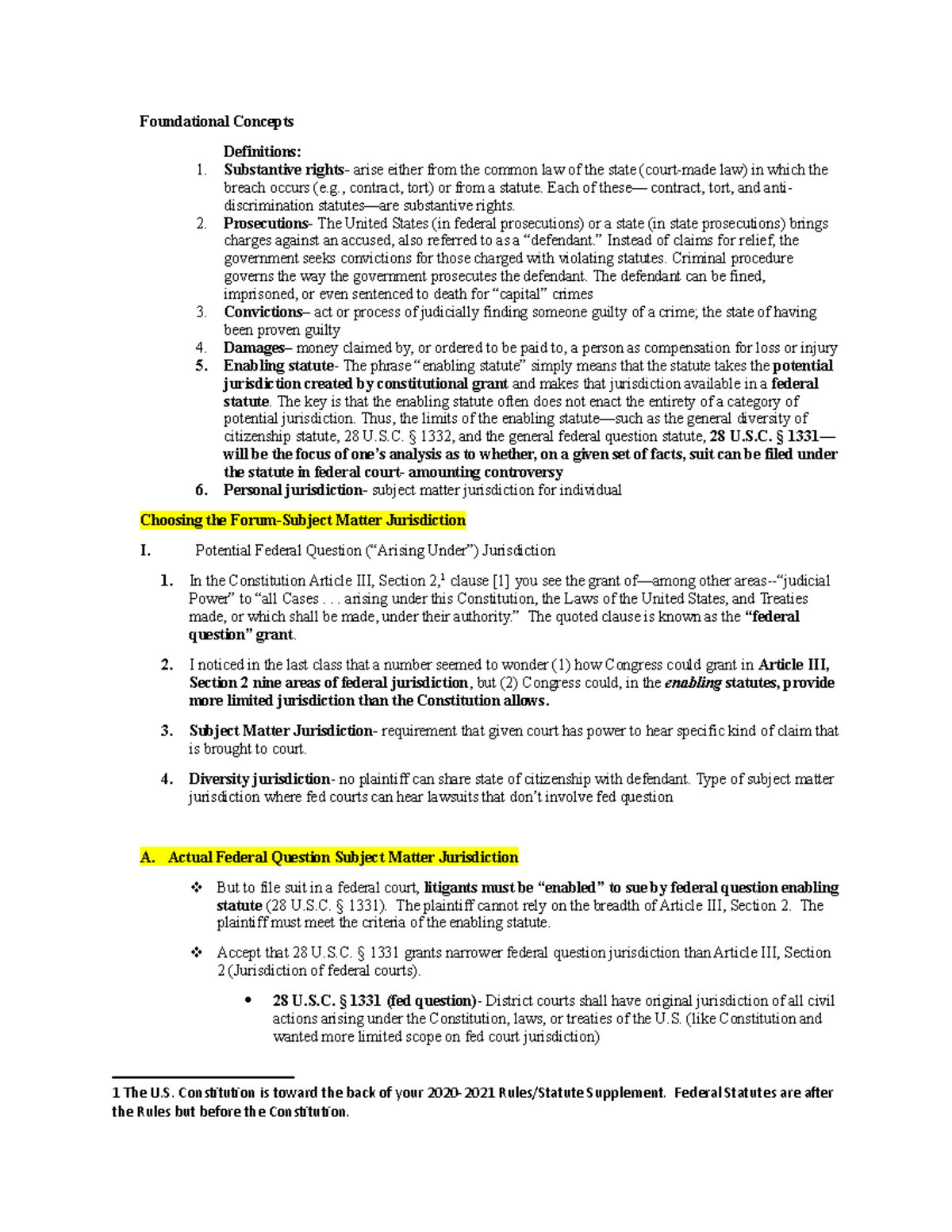 Civ Pro I Final Outline - Foundational Concepts Definitions ...