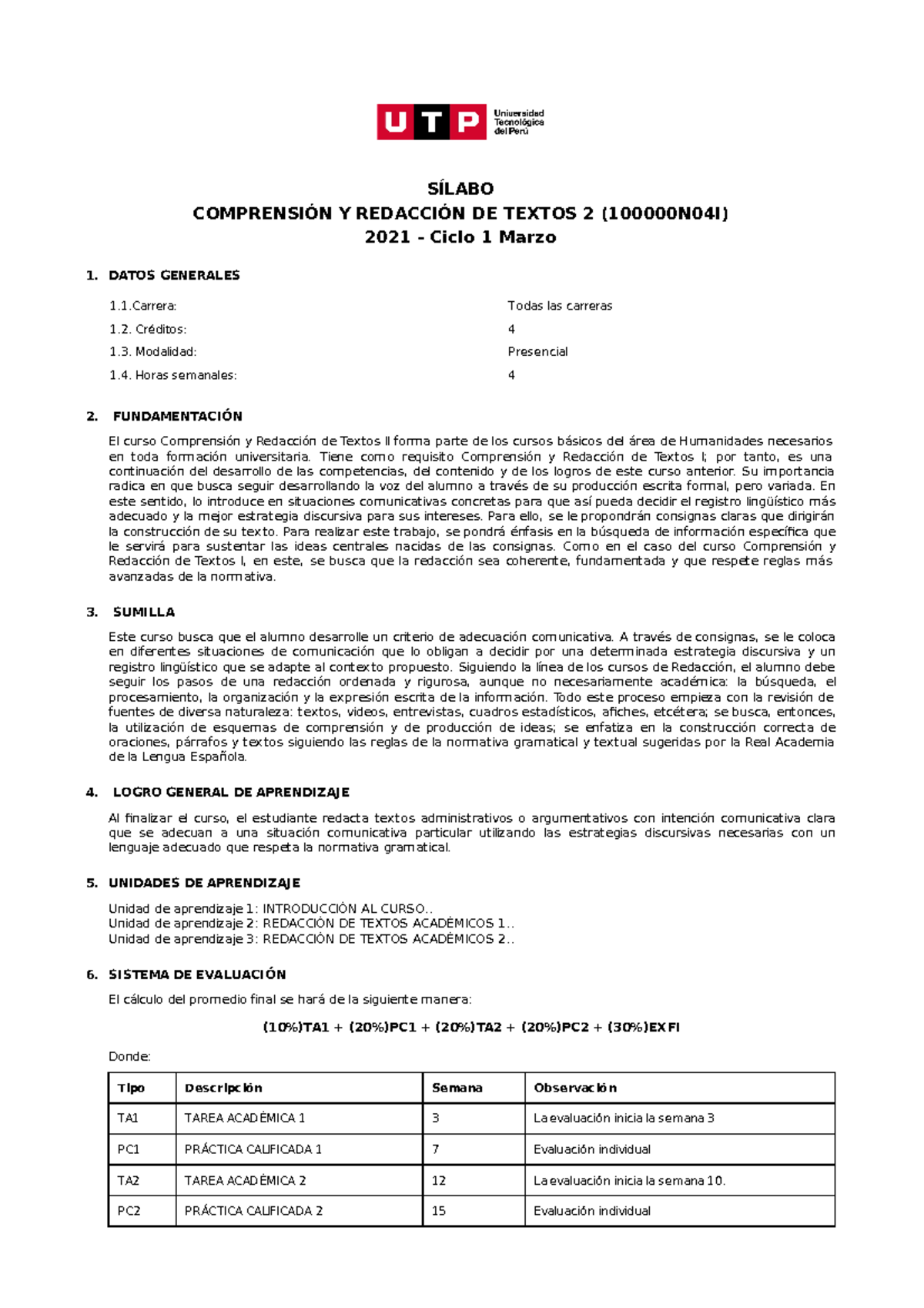 100000 N04I Comprension YRedaccion De Textos 2 - SÍLABO COMPRENSIÓN Y REDACCIÓN DE TEXTOS 2 ...