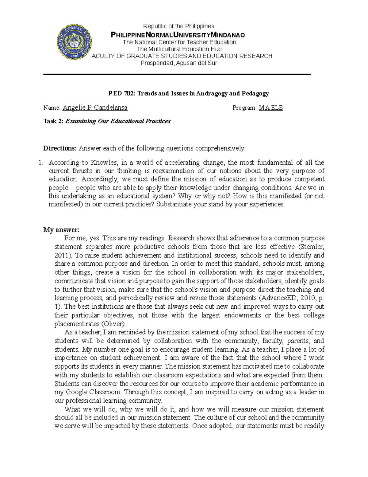 ACT. 2 - Reflection - PED 702: Trends and Issues in Andragogy and ...