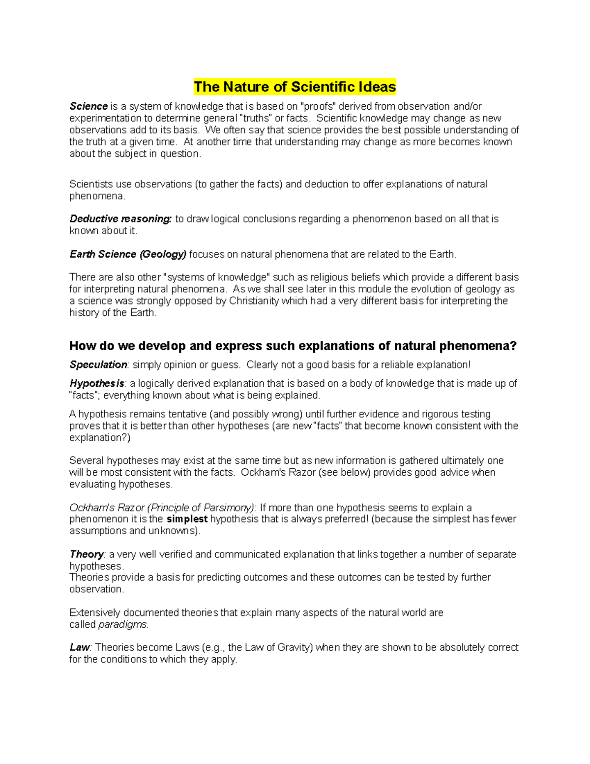 ERSC - Module 1 - Lecture notes 1 - The Nature of Scientific Ideas ...