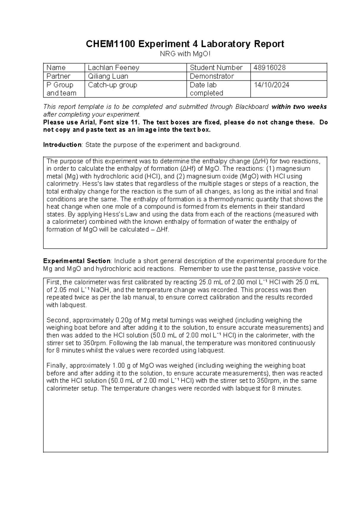 CHEM1100 Experiment 4 report Lachlan Feeney S2 2024 - CHEM1100 ...