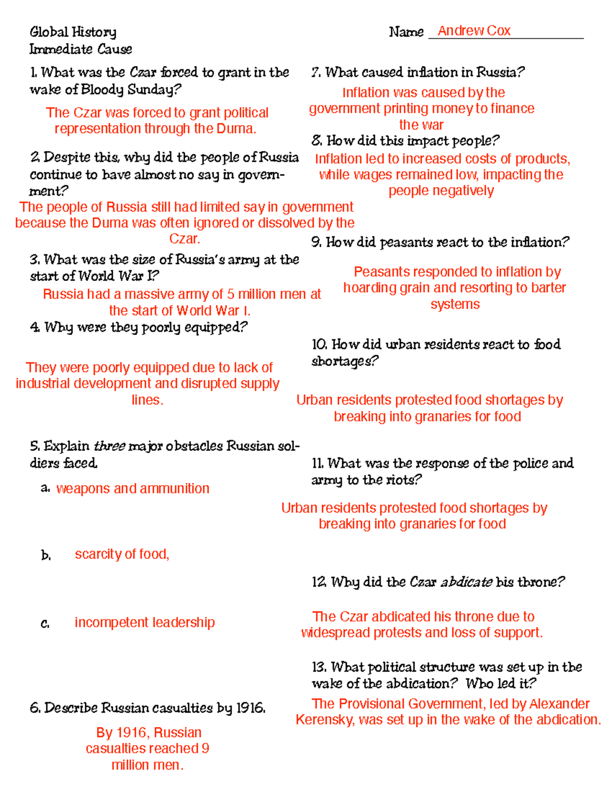 Causes of Russian Revolution Questions - What was the Czar forced to ...