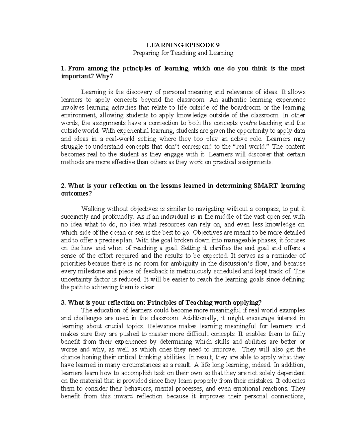 FS1 Reflection 9 - Preparing for Teaching and Learning - LEARNING ...