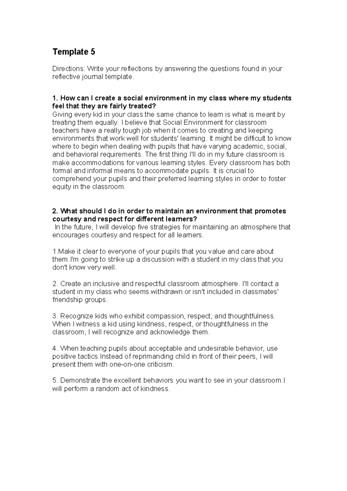 5. Classroom Management and Learning - Template 5 Directions: Write ...