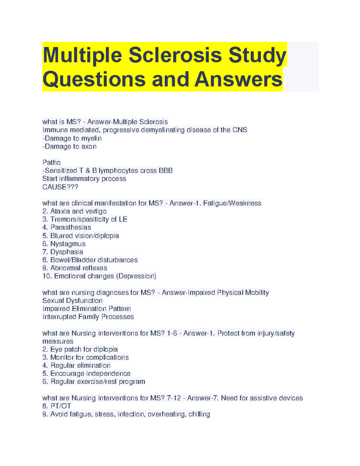 Multiple Sclerosis Study Questions and Answers - Multiple Sclerosis Study Questions and Answers ...