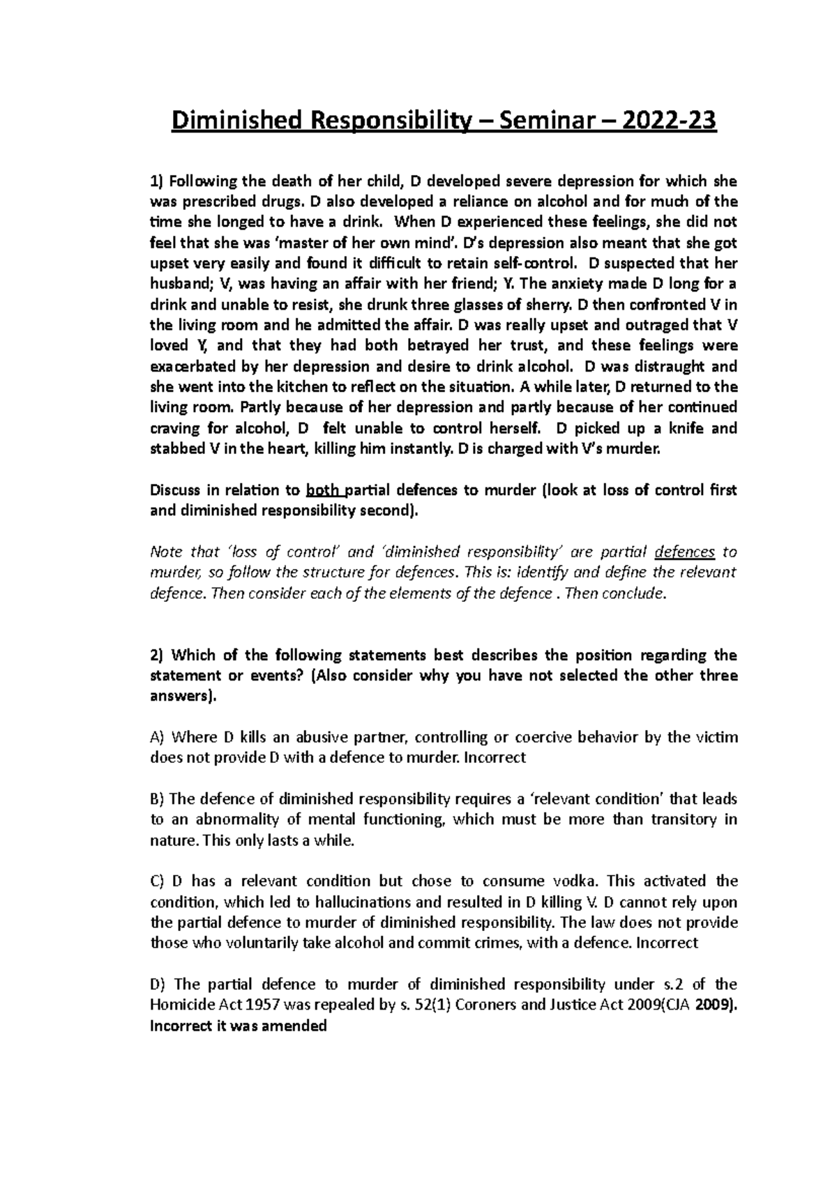 Diminished Responsibility seminar Qs2022 - Diminished Responsibility – Seminar – 2022- Following ...