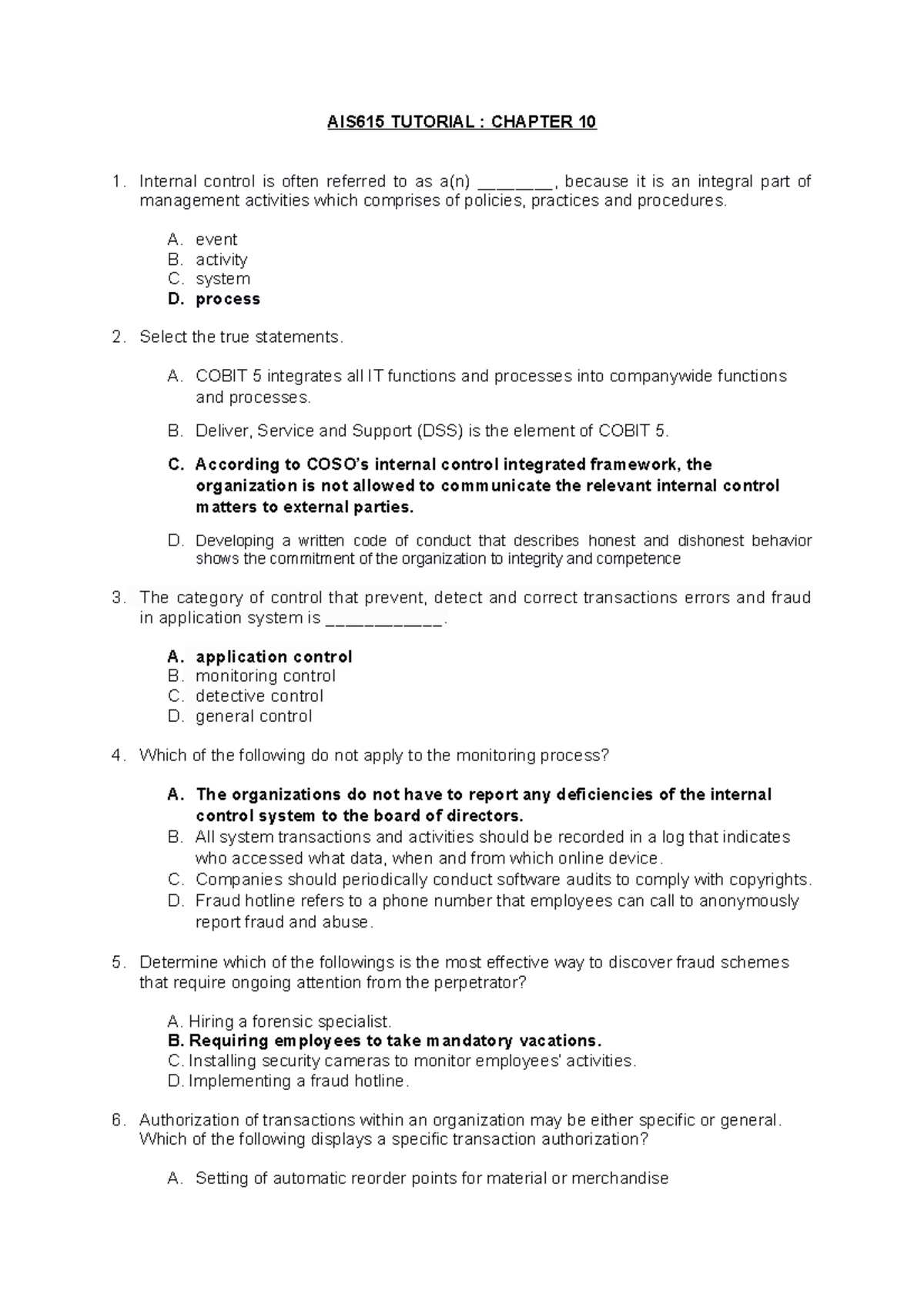 Chapter 10 Ais615 Tutorial Chapter 10 Internal Control Is Often Referred To As A N