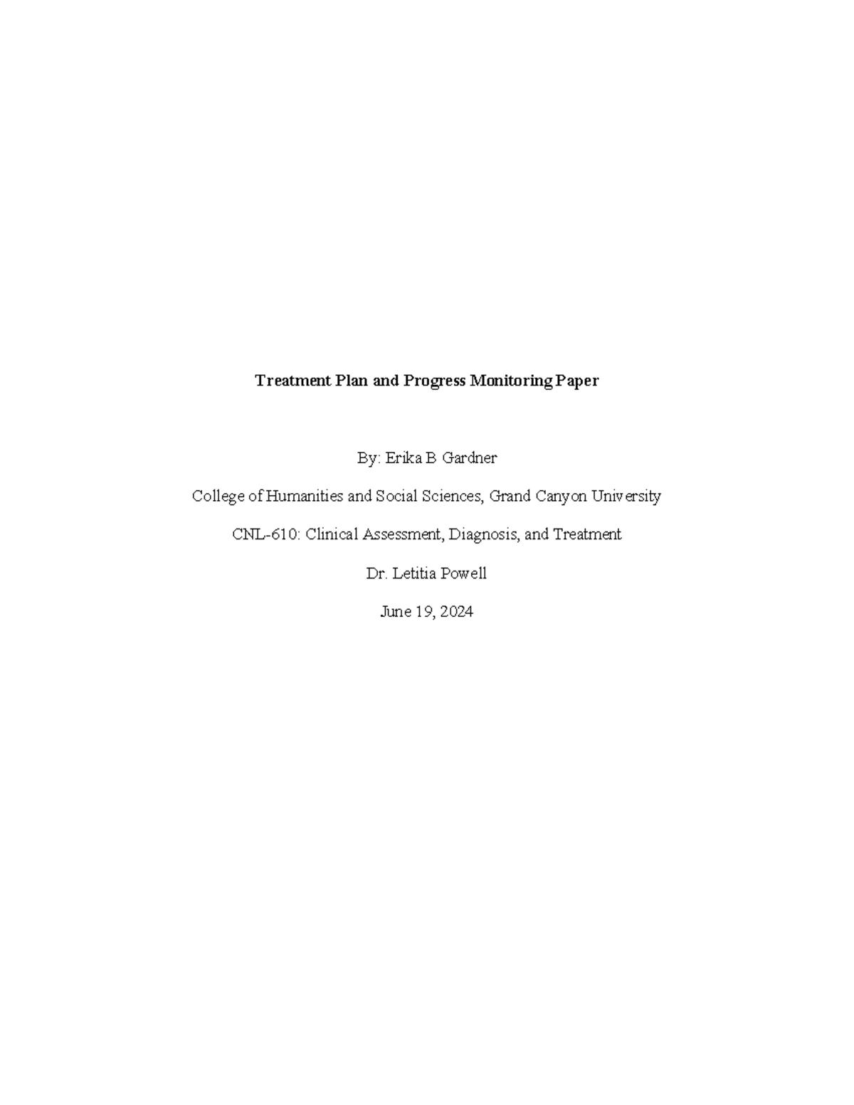 Treatment Plan and Progess Monitoring Paper - Letitia Powell June 19 ...