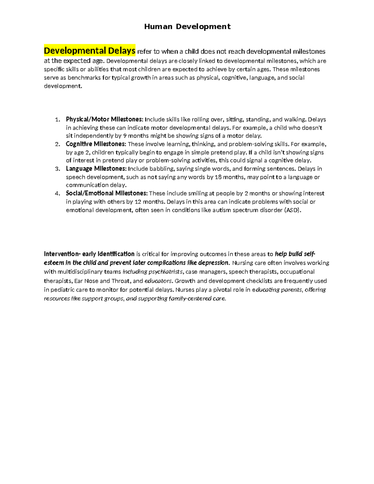 Human development study guide - Developmental Delays refer to when a ...