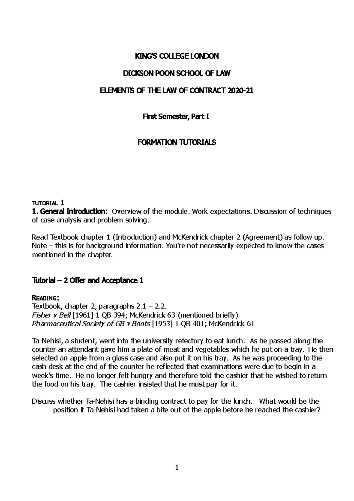 1 2020-21 Contract formation Tutorials - KING'S COLLEGE LONDON DICKSON POON SCHOOL OF LAW ...