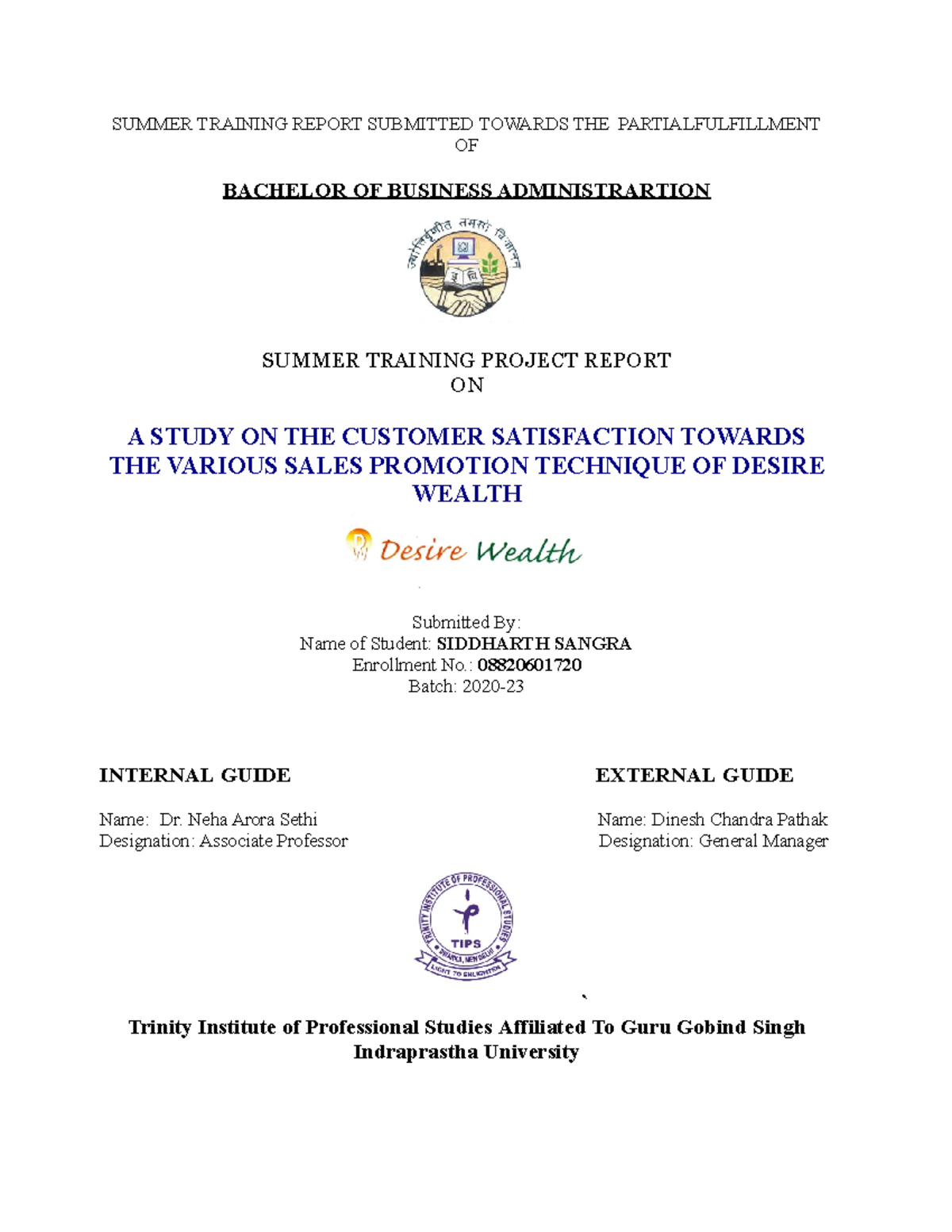 summer training report - SUMMER TRAINING REPORT SUBMITTED TOWARDS THE ...