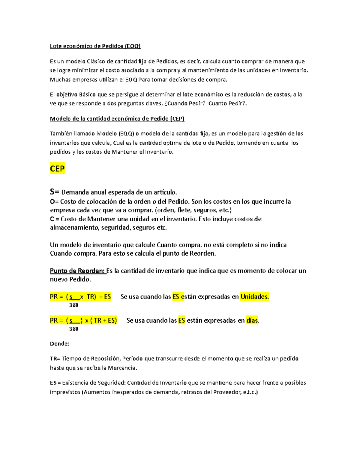 Ejercicio Lote económico de Pedidos. ADM de los Inventarios - Lote ...