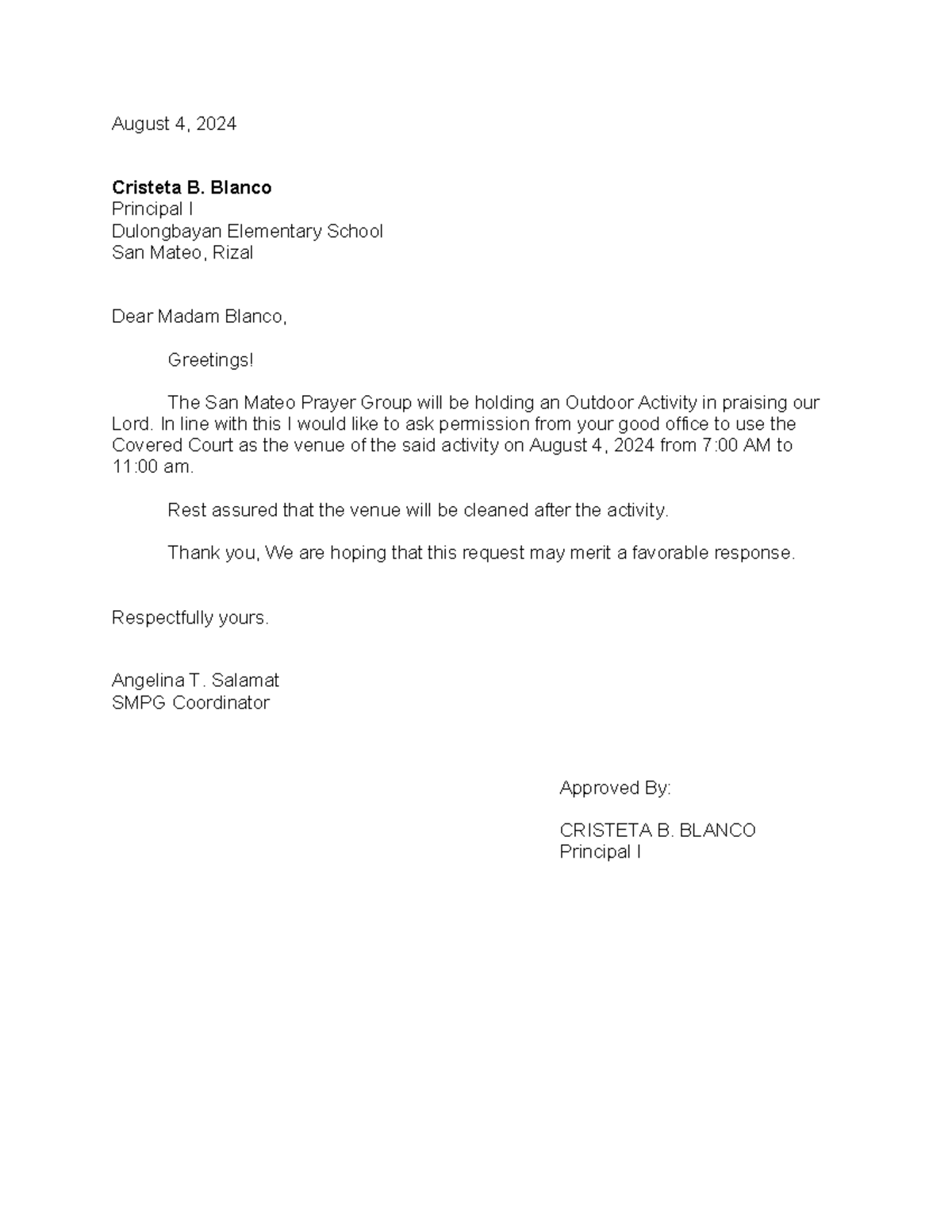 Perm - Letter - August 4, 2024 Cristeta B. Blanco Principal I ...