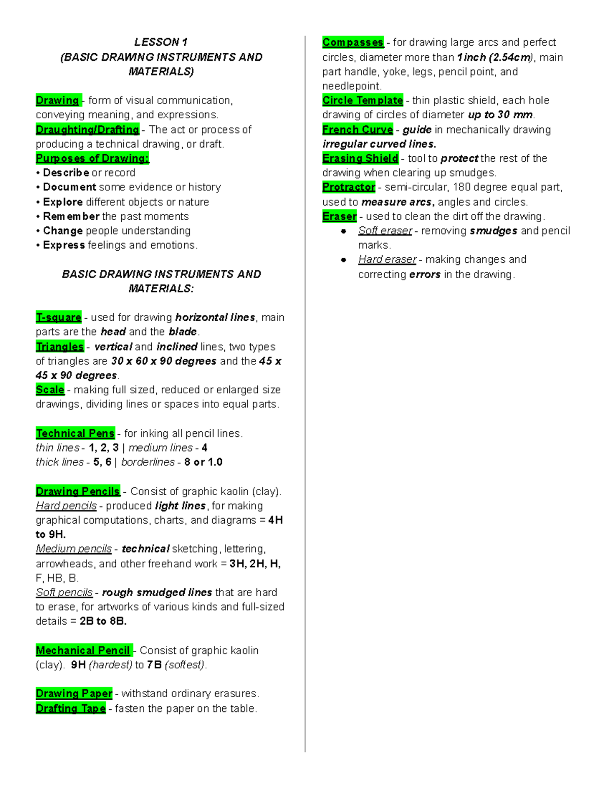 Draw 102 Reviewer - Lesson 1-3 - LESSON 1 (BASIC DRAWING INSTRUMENTS ...