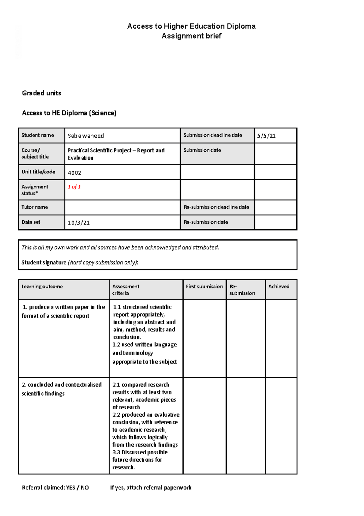 Assignment 3 - science project - Assignment brief Graded units Access ...